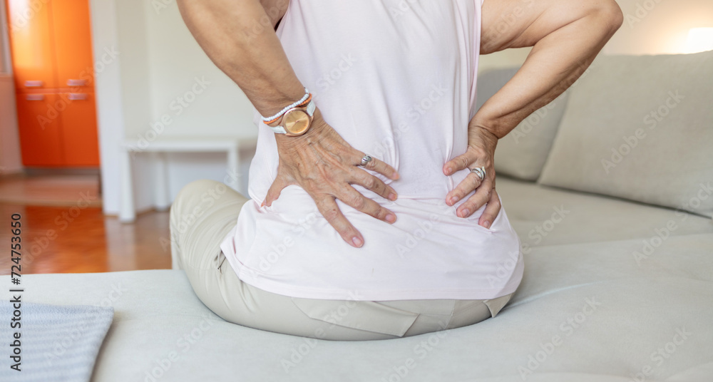 Back pain, elderly woman and health with injury and old age, medical ...