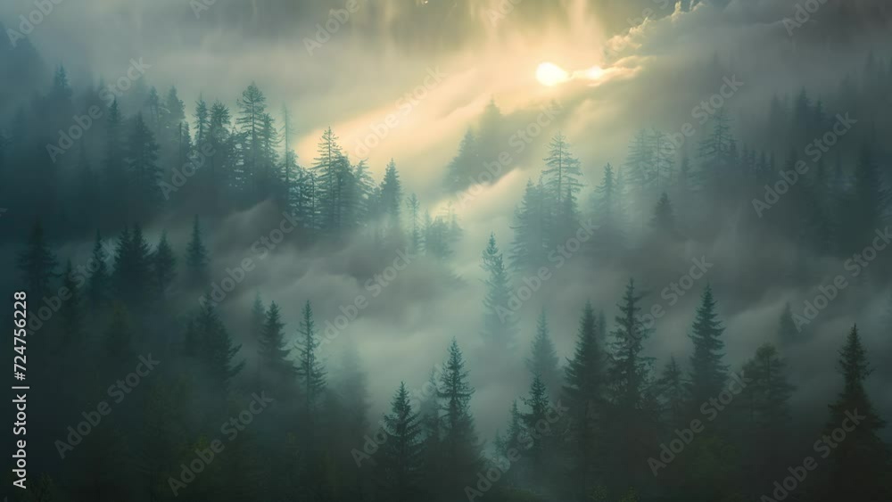 Mist moving between the trees ariel view. Rainy weather in mountains ...