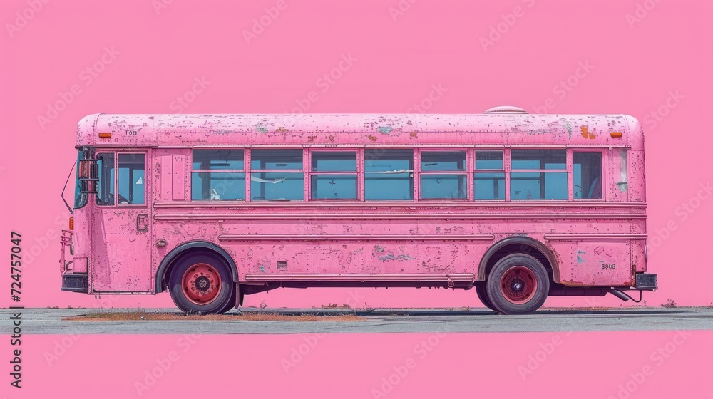 an old pink school bus is parked in a parking lot in front of a pink ...