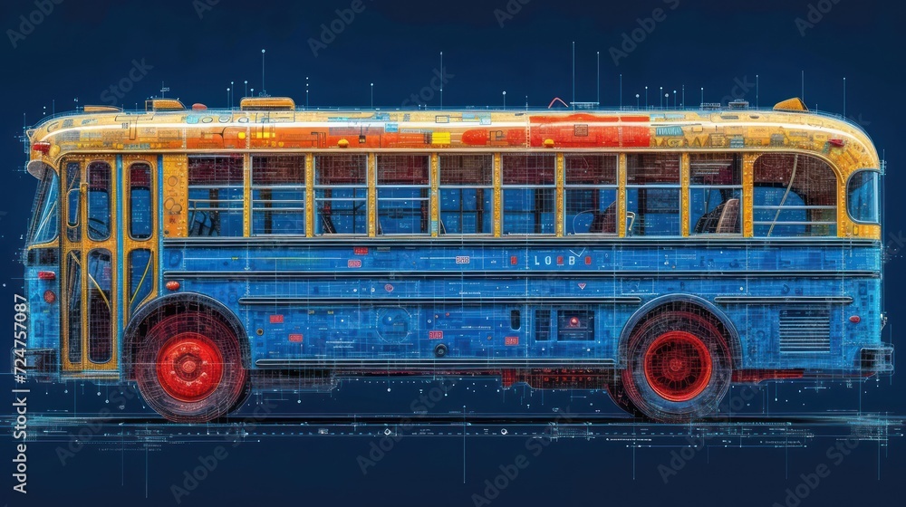 a drawing of a blue and yellow bus with red rims on the front and side ...