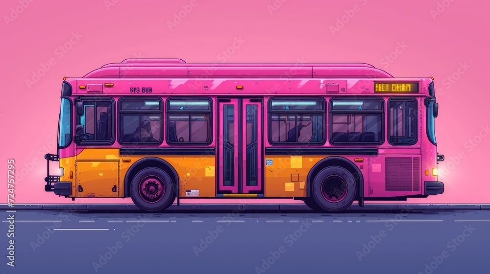 a pink and yellow bus is parked on the side of the road in front of a ...
