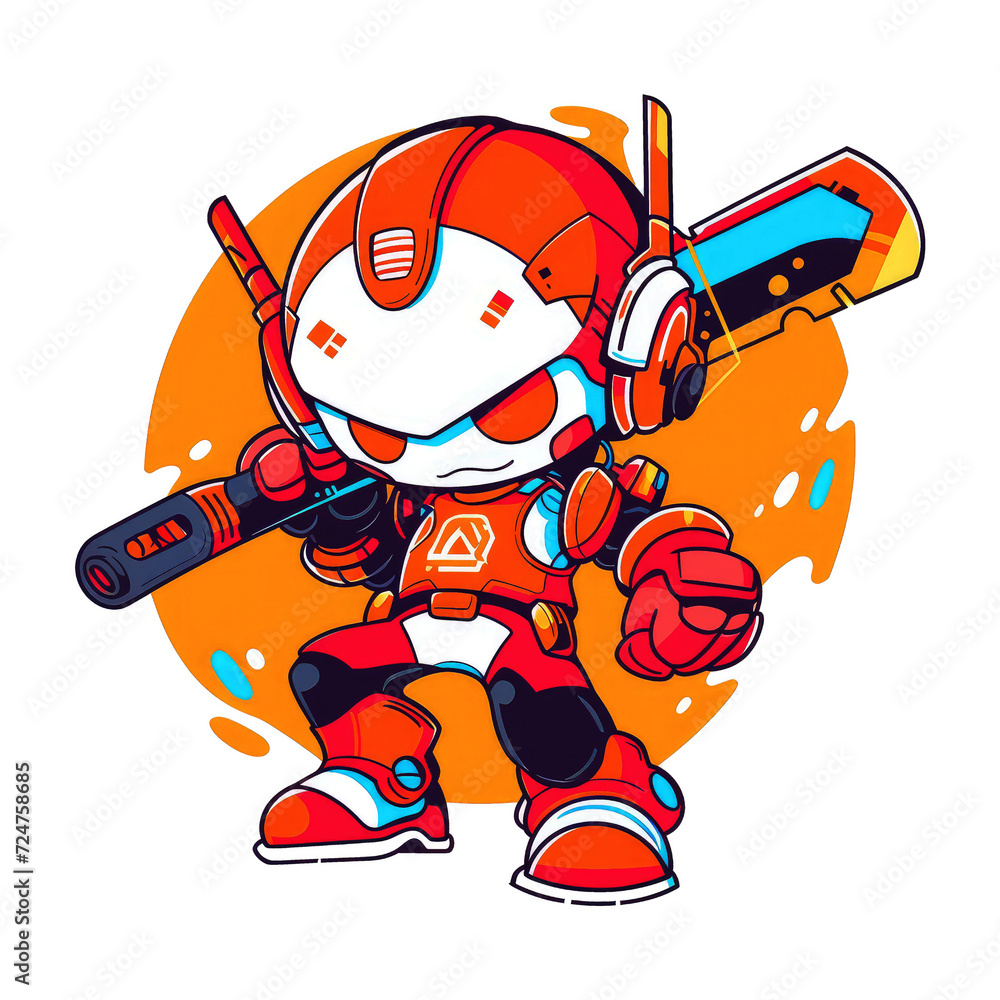 Futuristic robot cyborg brandishing a sword in anime style. Chibi ...