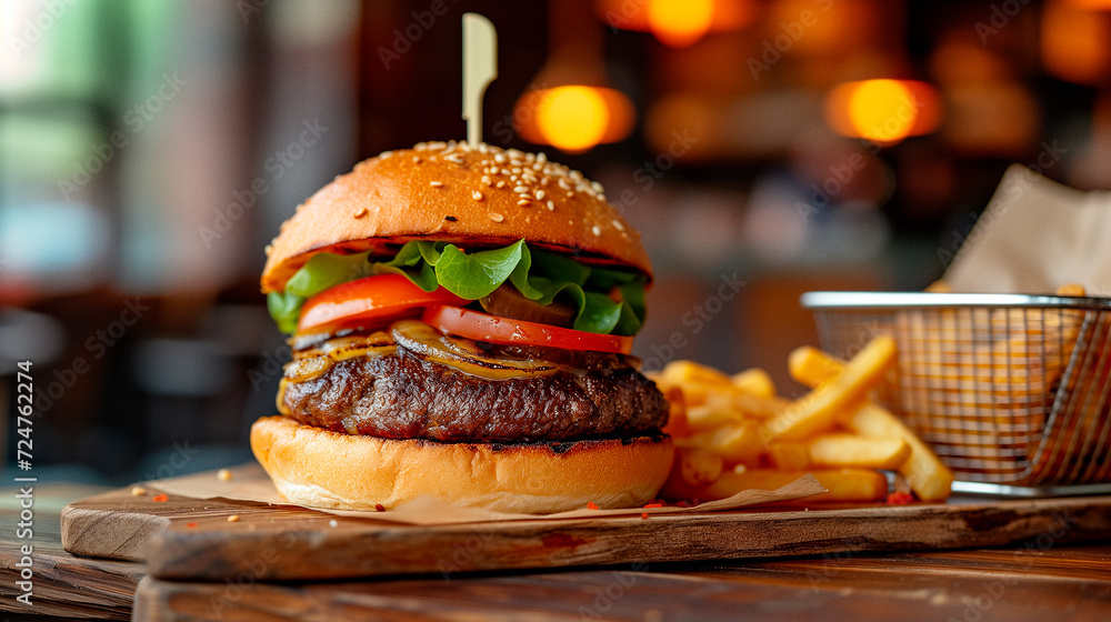 hamburger, pommes, speisekarte, saftig, tomate, salat, fleisch, käse ...