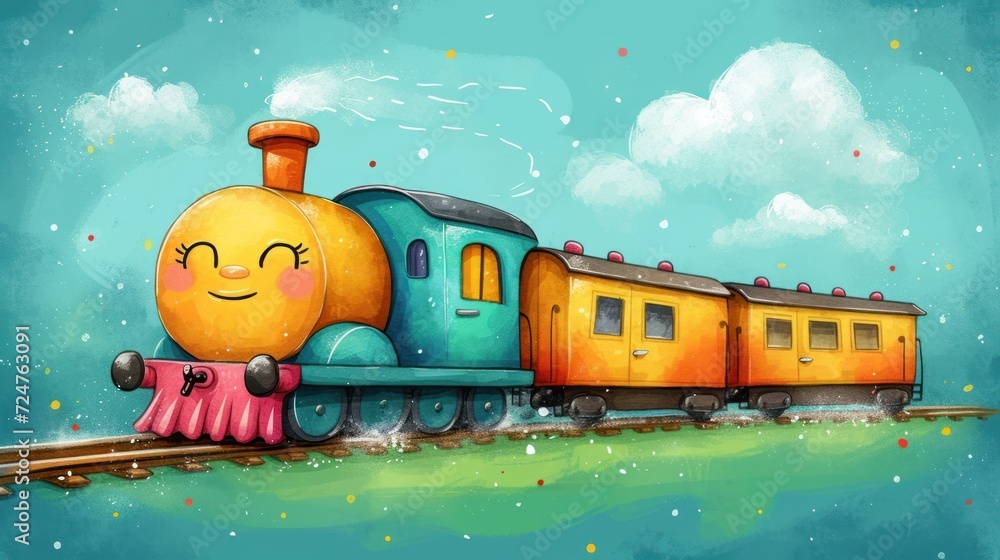 a painting of a train with a smiley face on the front of it's car, on a ...