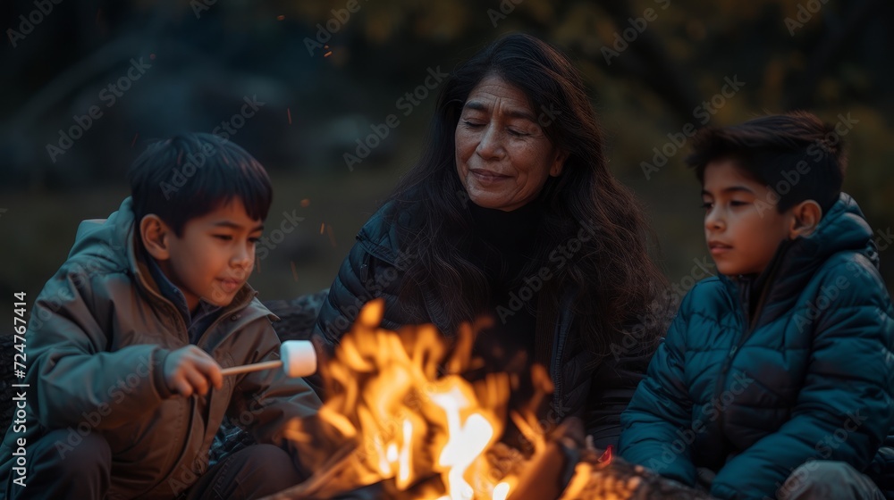 Latina woman with his children sitting around the fire roasting a ...