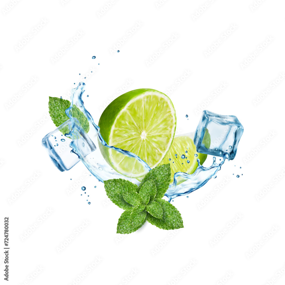 Mojito drink splash, ice cubes, lime fruit, mint leaves and realistic water wave with falling ...