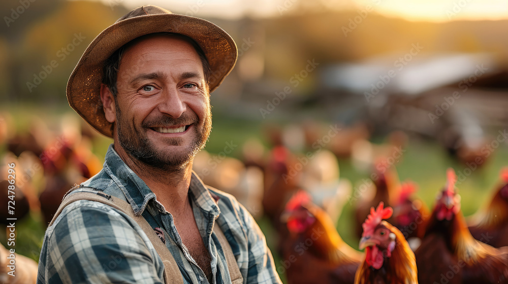 Happy man working at farm chicken and agriculture, Poultry livestock ...