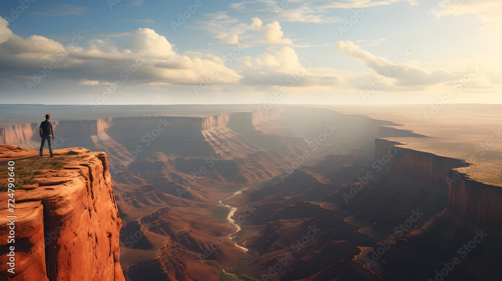 A fearless adventurer stands on the edge of a sheer cliff overlooking a ...