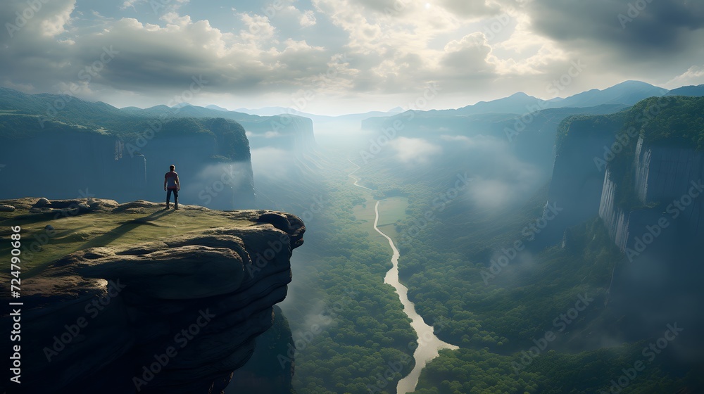 A fearless adventurer stands on the edge of a sheer cliff overlooking a ...