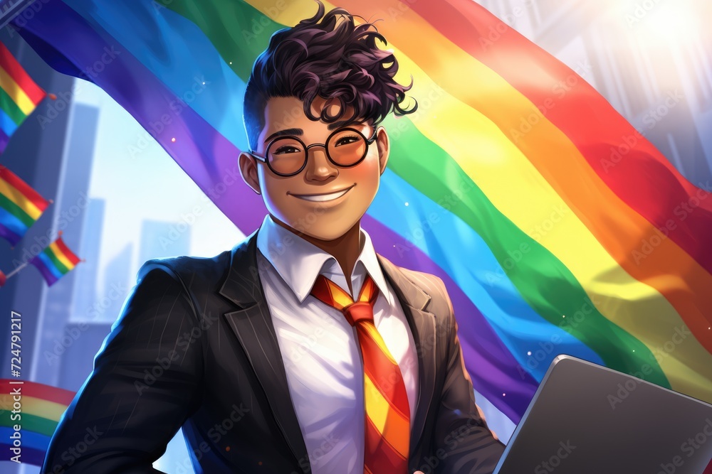 non binary individual with purple hair and a pride tie sit confidently ...