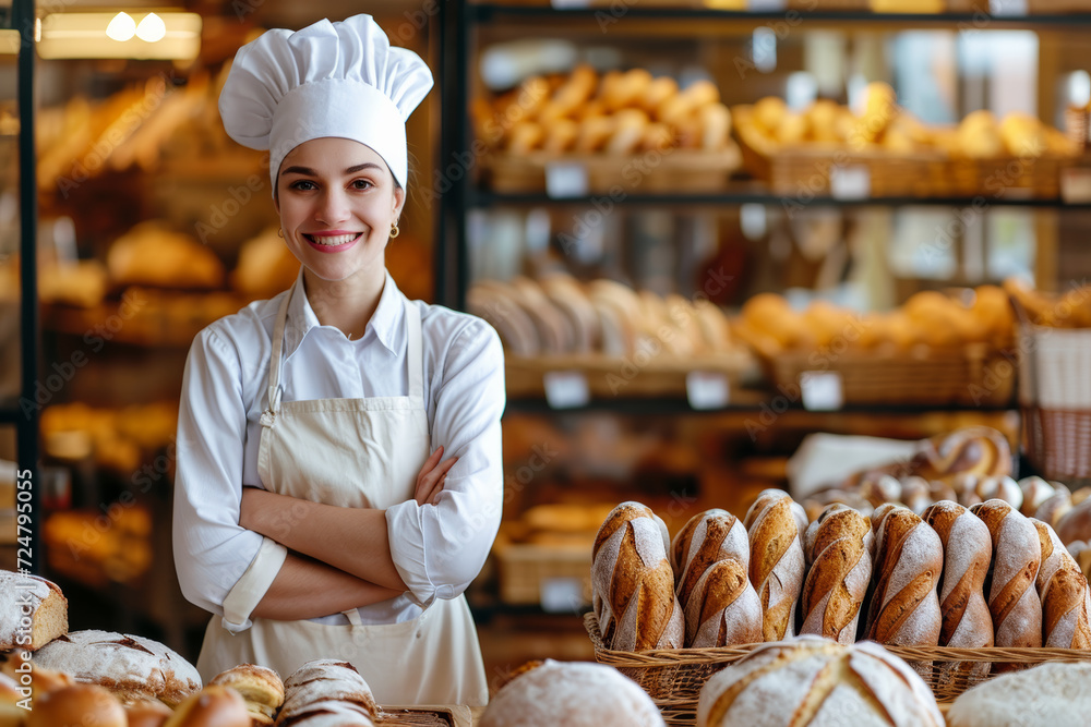 Joyful small bakery shop owner, beaming with pride as she stands in ...