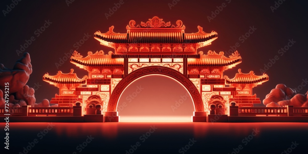 A stunning image of a Chinese gate lit up at night, radiating a bright ...