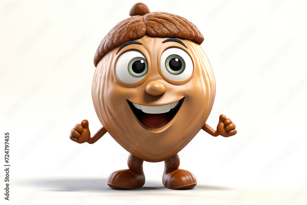 3D organic hazelnut funny cartoon character with eyes on white ...