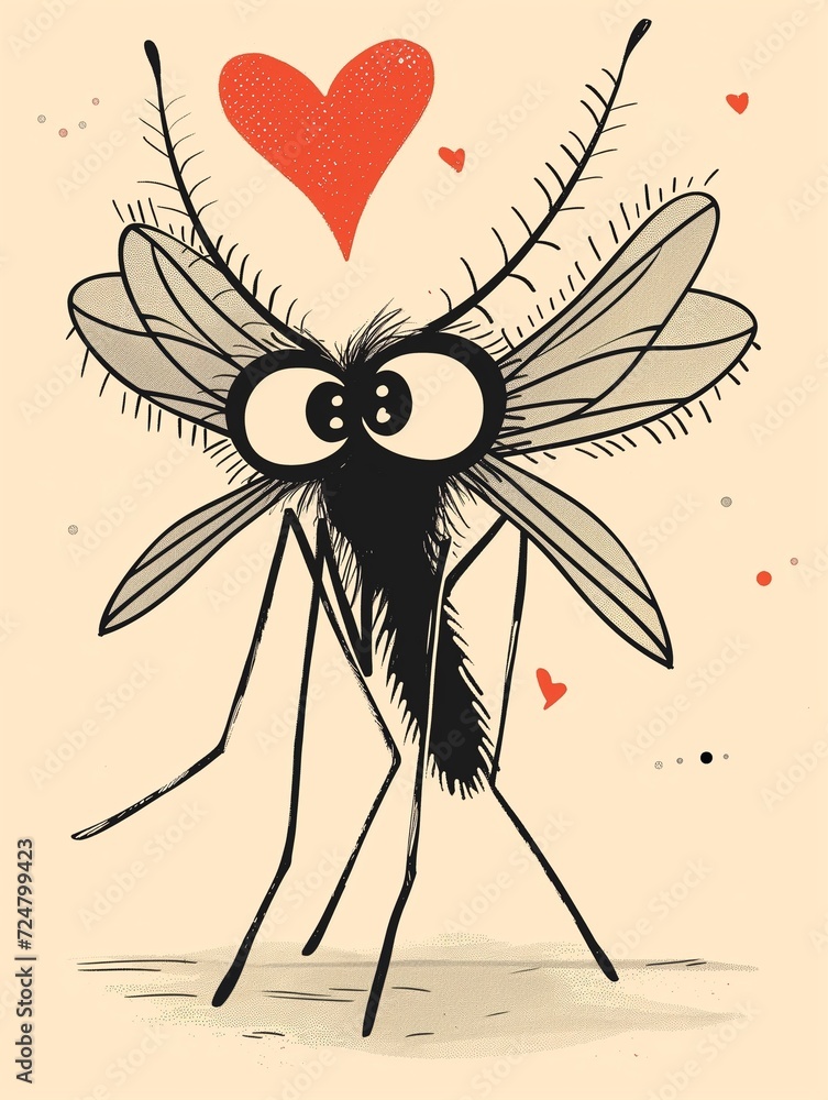 Hand-drawing illustration of a black fly or mosquito crazy in love with ...