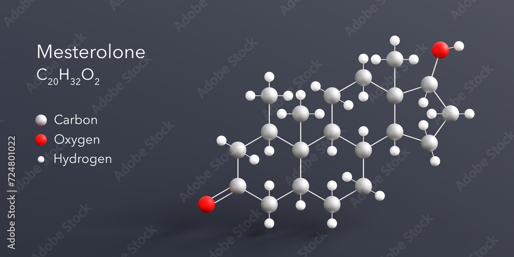 mesterolone molecule 3d rendering, flat molecular structure with ...