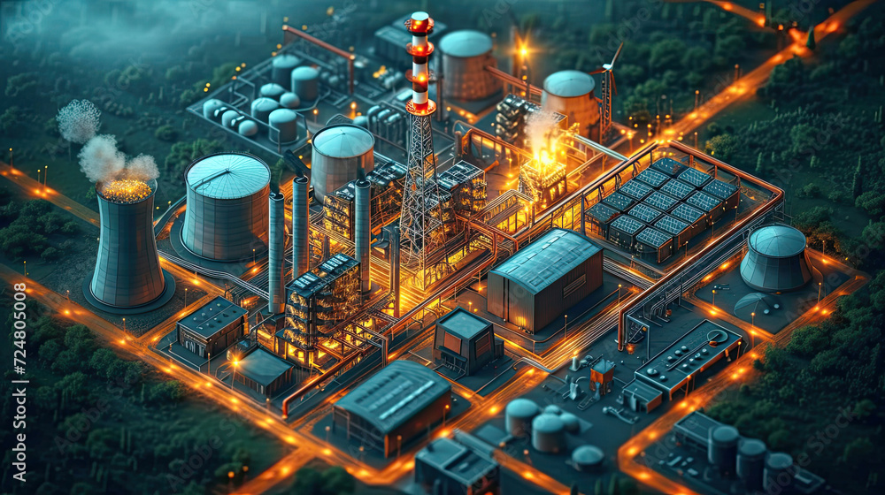 3d illustration. Model of a nuclear power plant. Isometric view ...