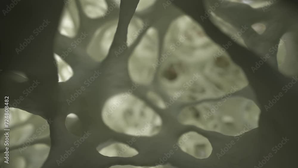 Realistic 3D animation of a camera moving over well-lit spongy bone ...