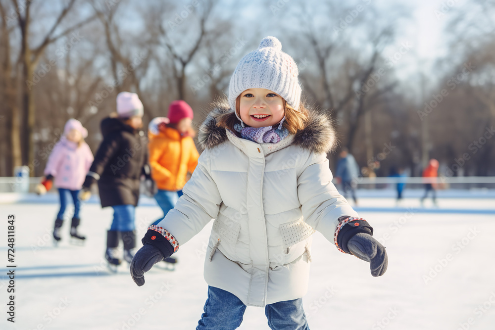A children's ice skating class taking place in an outdoor rink ...