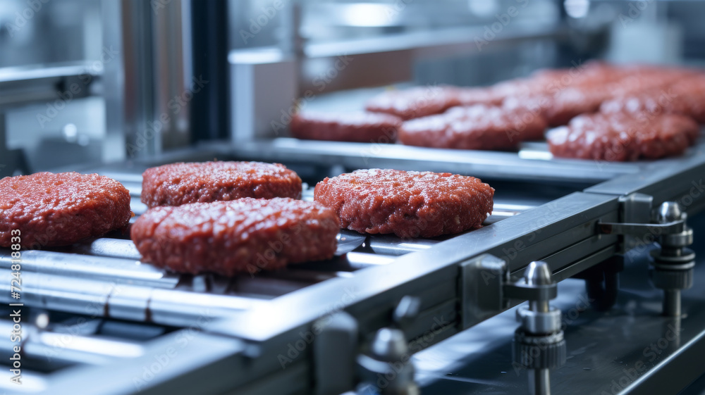 Conveyor Belt Processing Raw Meat Patties in Food Production Line Stock ...