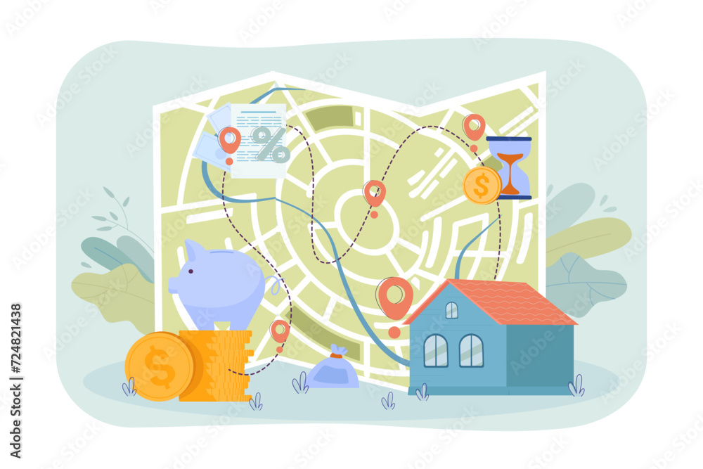 Home buying road map. Vector illustration. Map with points with main ...