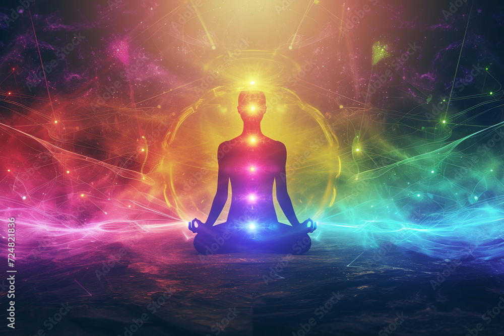 Silhouette of a person in lotus pose with radiant aura during ...