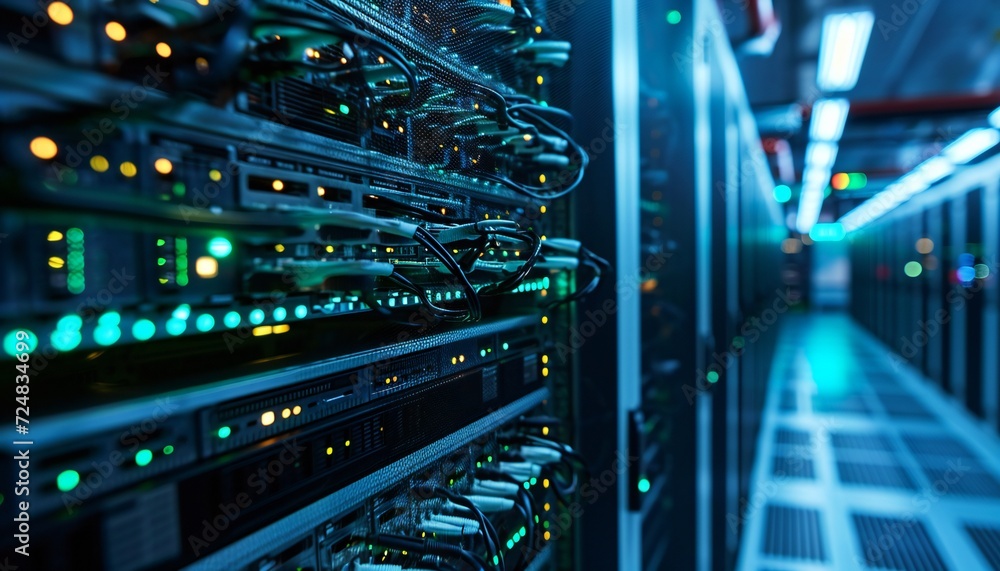 Rackmount LED console in the server room of the data center. Stock ...