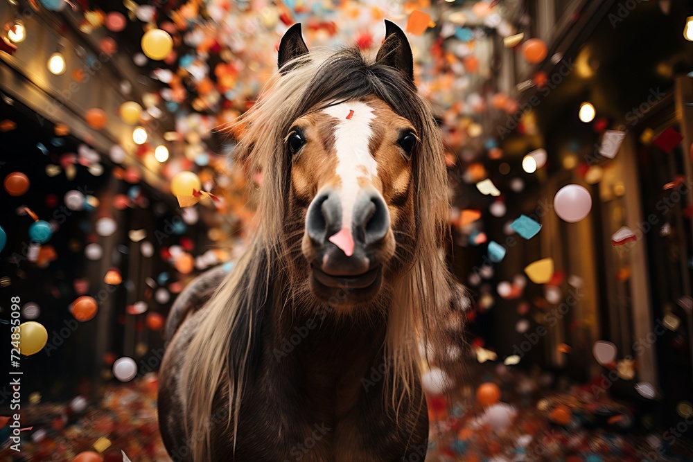 Fun on the street and horses decorated for the holiday. Concept ...