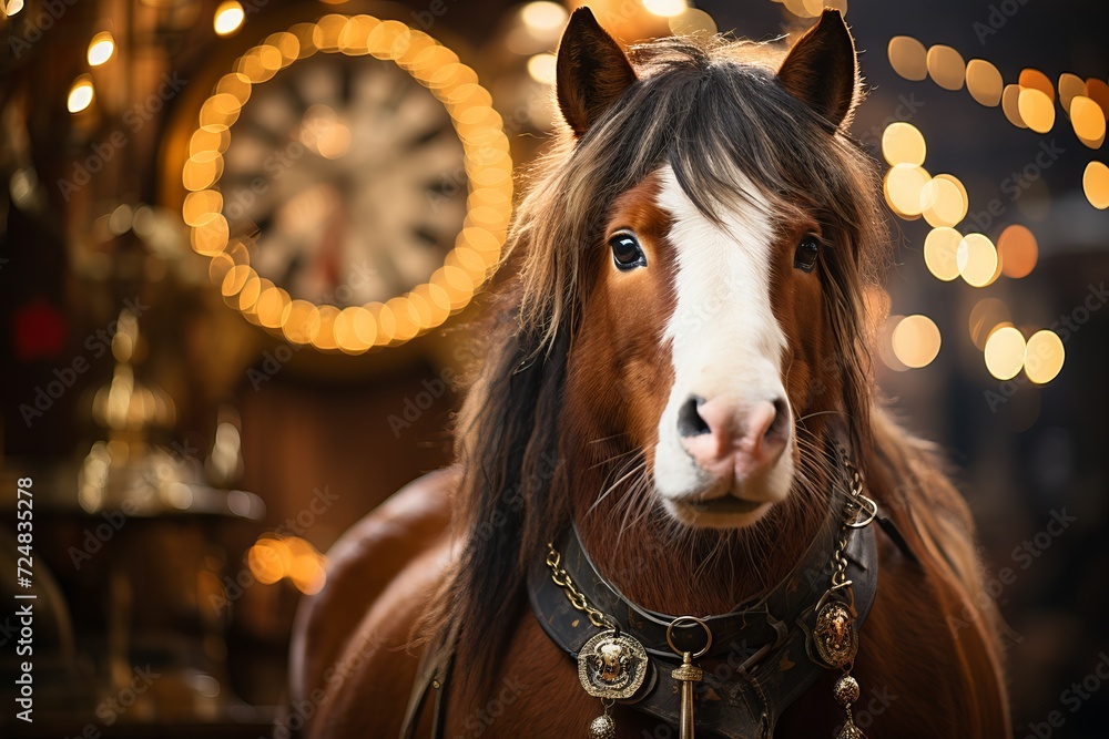 Fun on the street and horses decorated for the holiday. Concept ...