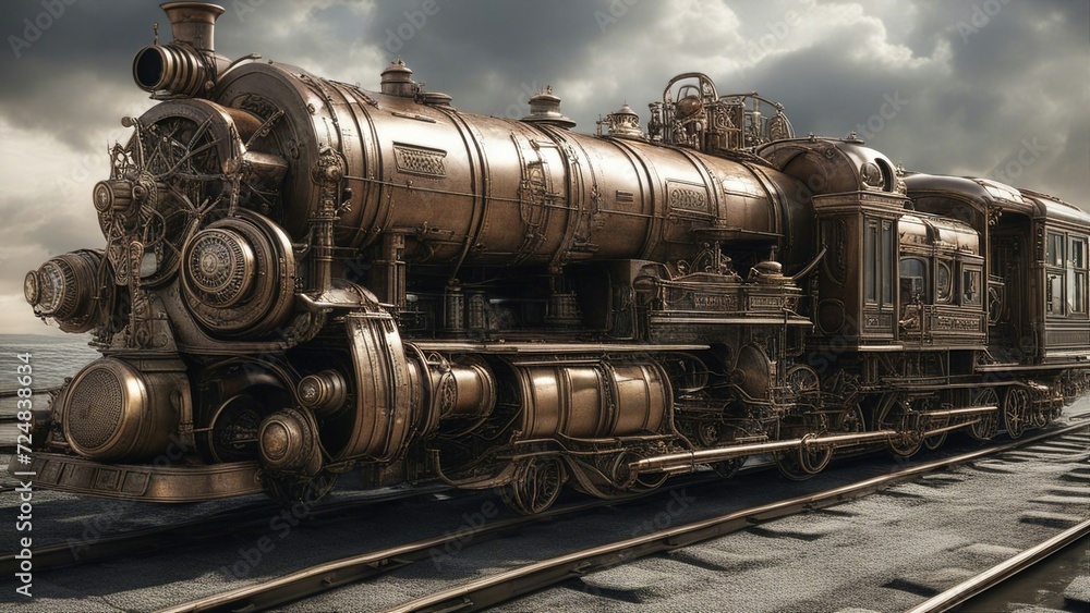 steam train on the railway steampunk train that escapes the doom of the ...