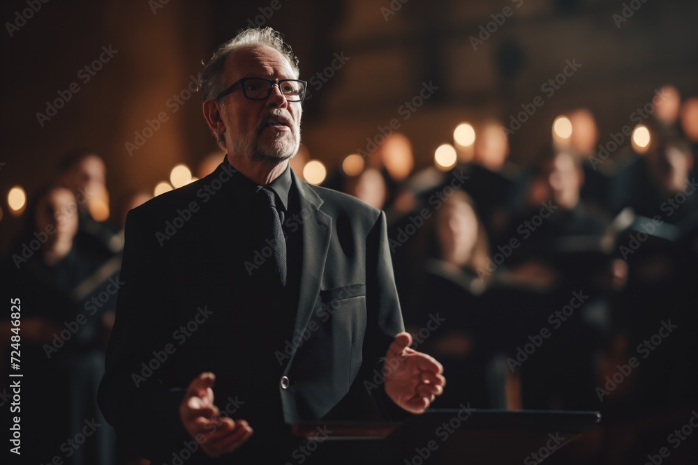 Mature man Church Choir Conductor during Concert performance. Choir in ...