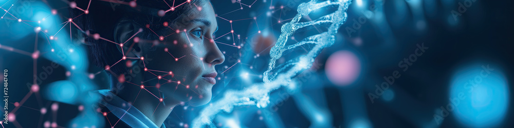 woman with digital DNA helix and data screen - digitalization of medicine Stock Photo | Adobe Stock