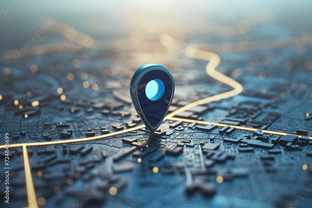 A dark blue location indicator on city map in 3D rendering. City map ...