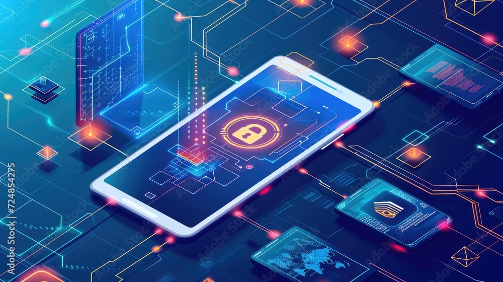 An infographic showcasing phone cybersecurity, with visuals of a ...