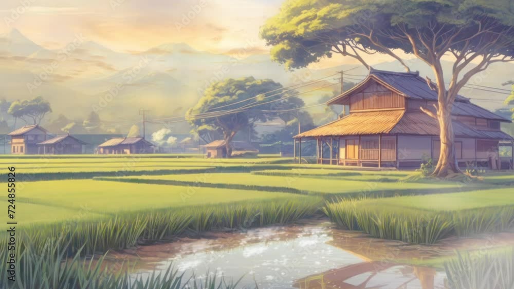 rural atmosphere on the edge of rice fields with natural views. Cartoon ...