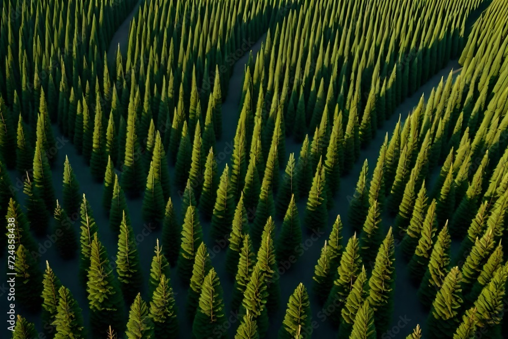 A repeating pattern of tall pine trees standing in perfect rows ...