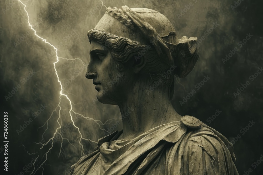 A dramatic portrayal of a Greek god statue enveloped in smoke and ...