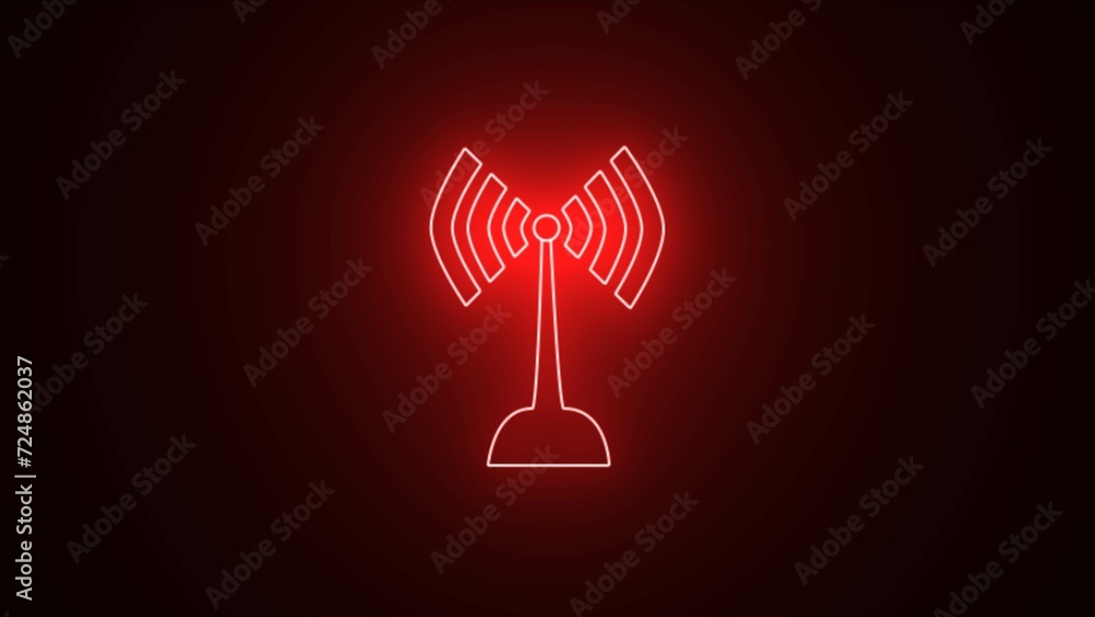 Neon red wireless tower on black background. Antenna tower icon ...