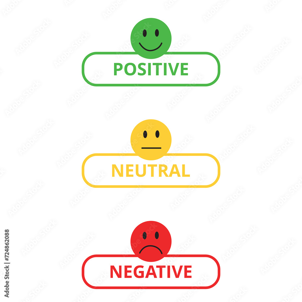 Iconos de símbolo de positivo, neutral y negativo sobre un fondo blanco ...