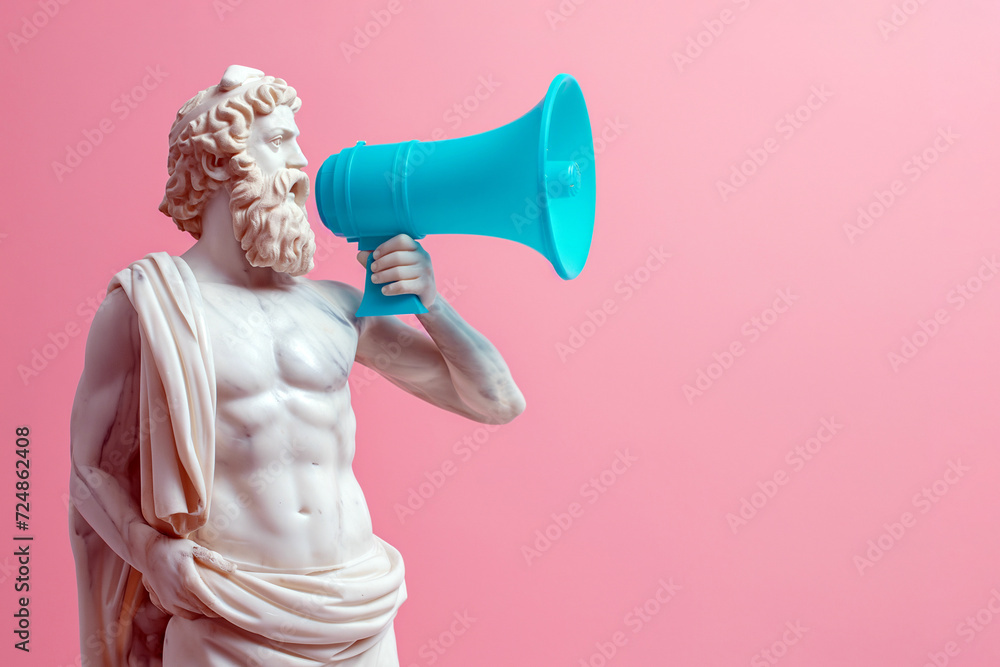 Greek statue holding loudspeaker screaming. Sculpture speaking loud in ...
