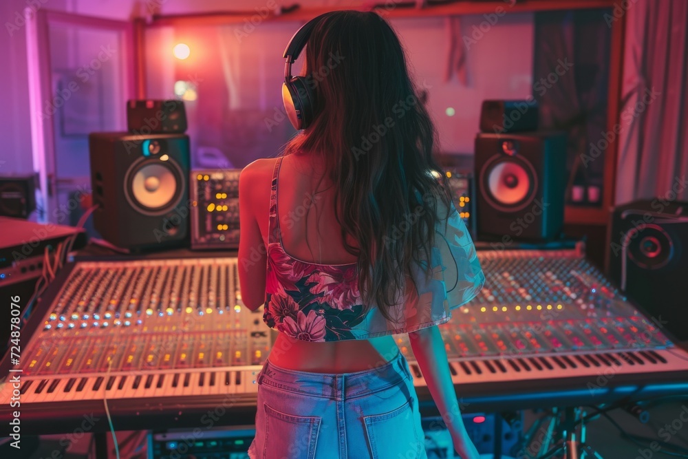 A Y2K girl in a music studio, wearing a graphic tank top and flared ...