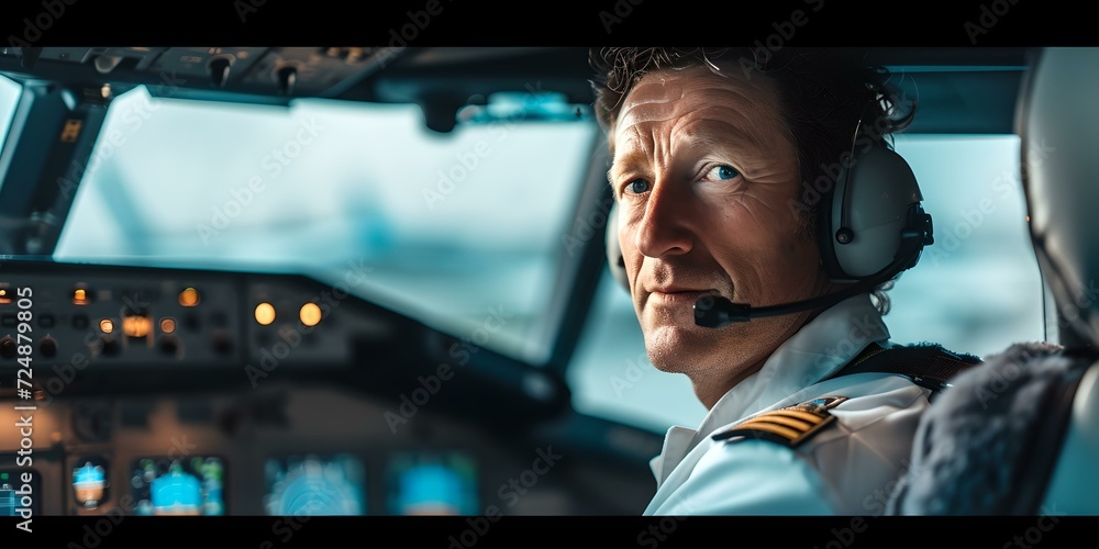 Professional pilot in uniform operating aircraft controls in cockpit ...