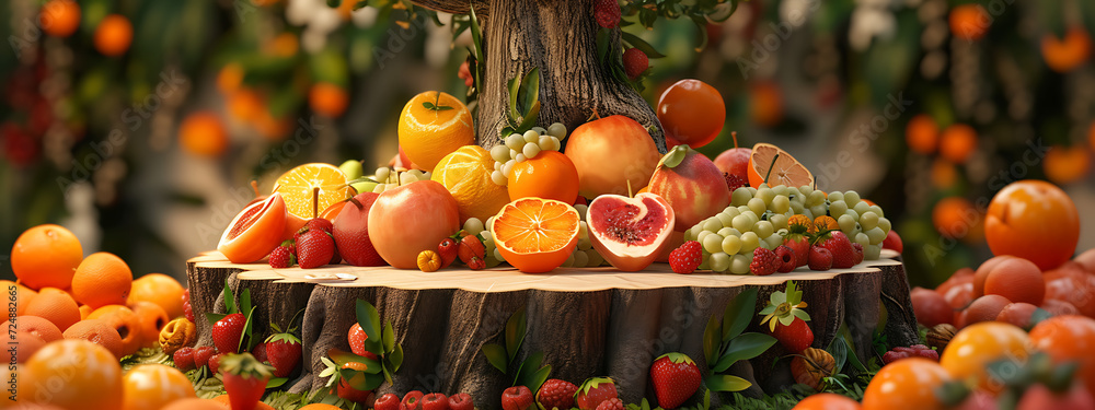 a round tree stump stage showing various fruits in th Stock Photo ...