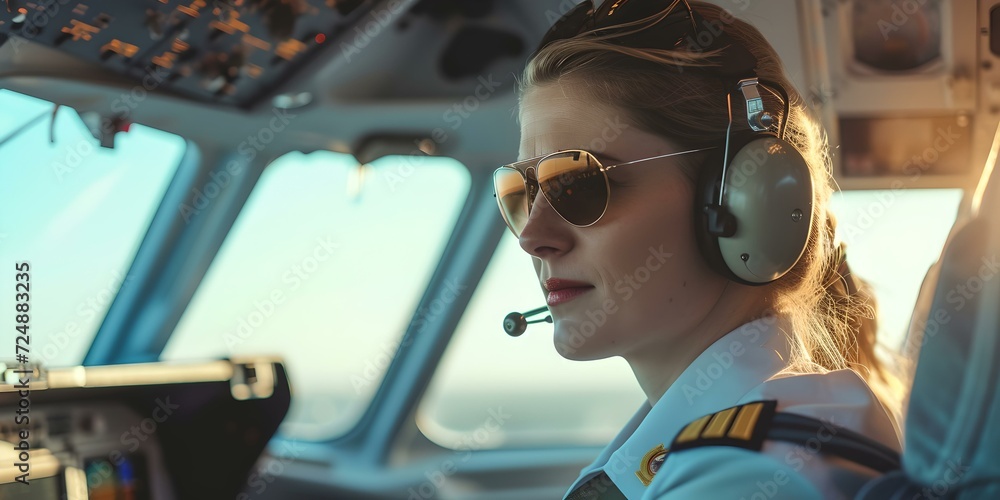 Confident female pilot in cockpit, aviation career representation ...