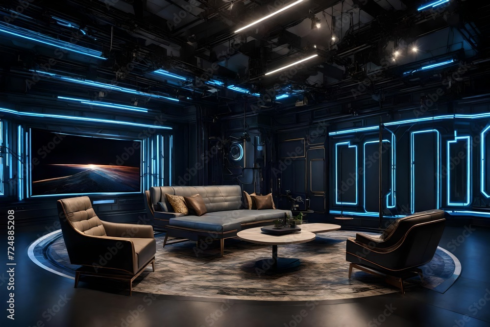 High-end TV studio set featuring immersive LED lighting, spotlights ...