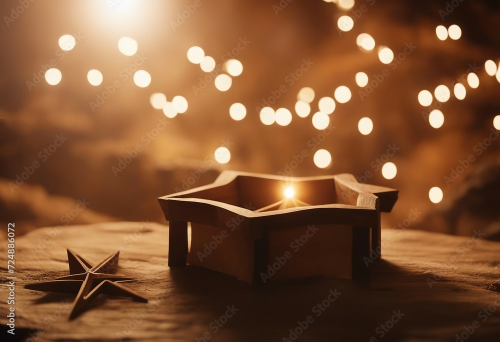 Christian Christmas scene with empty wooden manger star of Bethlehem in ...