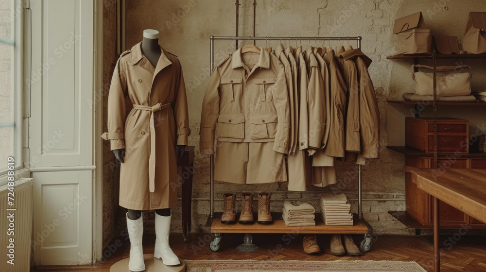 a fashion setup with two outfits. On the left, a mannequin is dressed ...