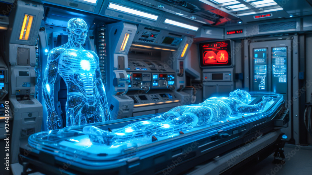 A holographic human anatomy scan over a body in a cryogenic chamber ...