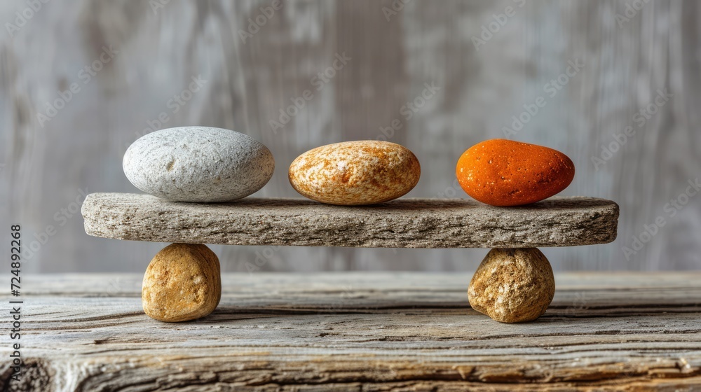 Pebbles balanced on a plank placed on a round stones. Sea pebble ...