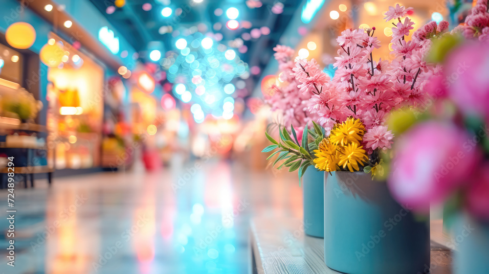 Floral Walkway in Illuminated Mall. Flower pots line a brightly lit ...