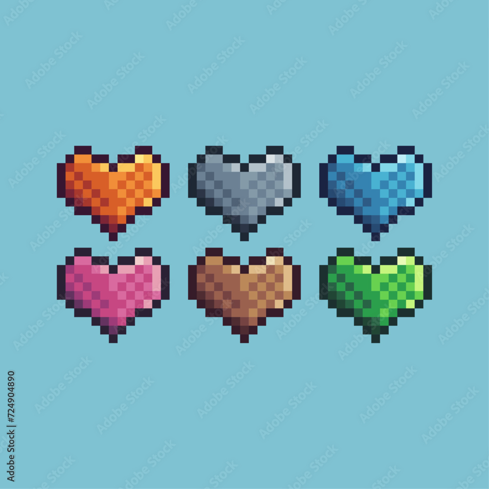 Pixel art sets icon of heart variation color. Heart icon on pixelated ...